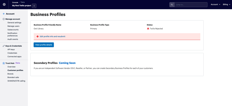 Console: Create a Primary Customer Profile | Twilio