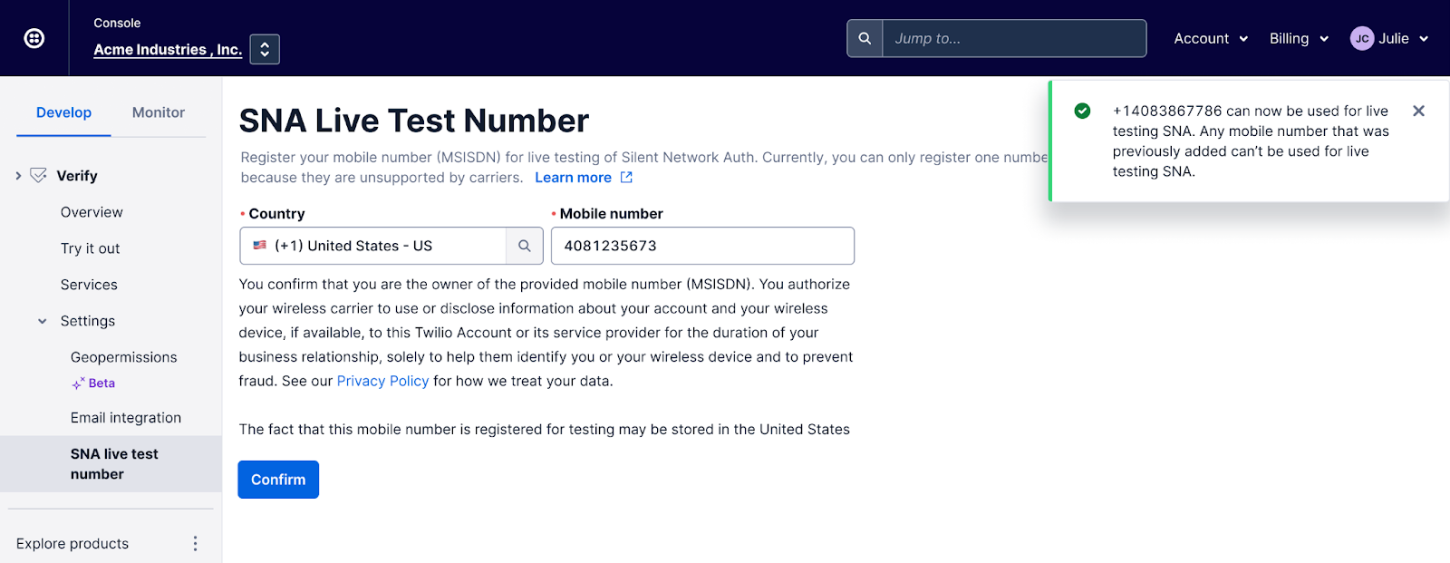 Verify SNA Live Test Number | Twilio
